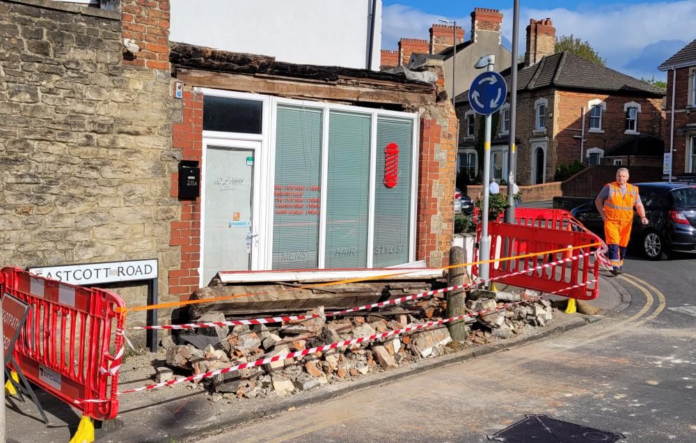 Partial shop collapse in Eastcott Road