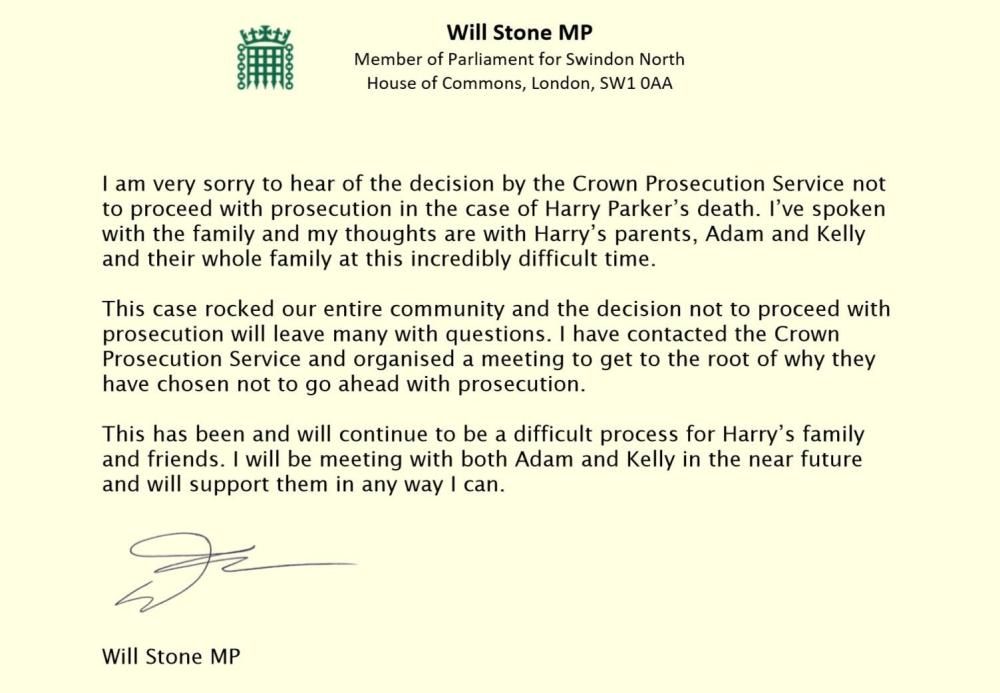 Swindon MP arranges meeting with CPS over Harry Parker case